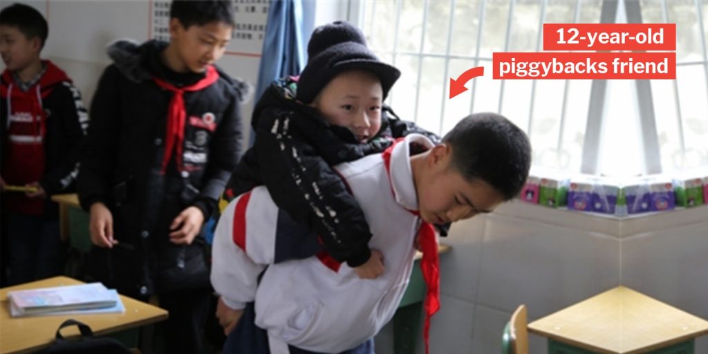 Boy In China Piggybacked Best Friend With Walking Difficulties Around ...
