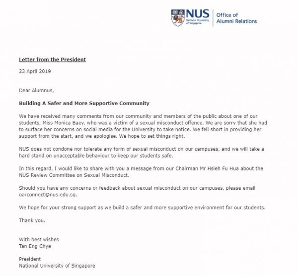 NUS Engages In Damage Control, Sends Email To Alumni Assuring Action