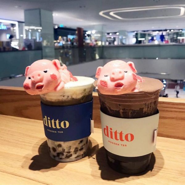 Ditto Milk Tea In Thailand Has A Huge Marshmallow Pig Lazing In It