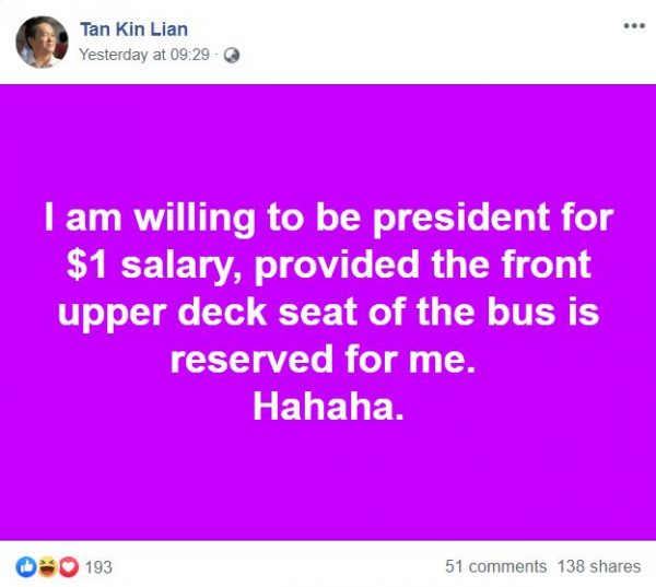 Tan Kin Lian Offers To Be President For $1, Only If He Gets Front Row ...