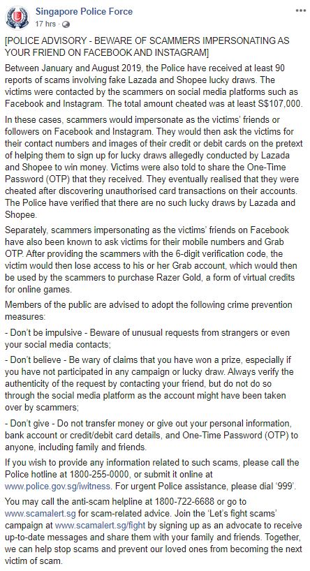 SPF Warns Against Scammers Posing As Friends Online, Advises To Guard ...