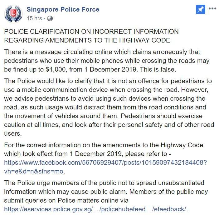 SPF Says You Won't Be Fined $1,000 For Using Phone When Crossing Roads ...