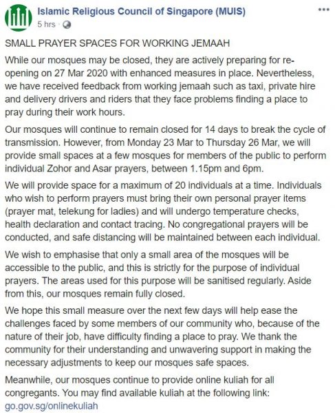 19 S’pore Mosques To Provide Small Prayer Spaces From 23-26 Mar For ...