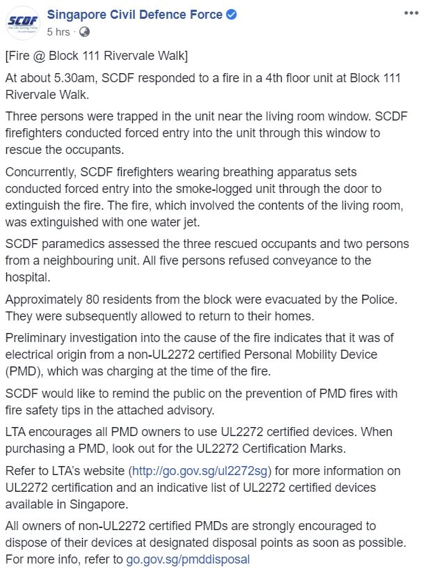 Charging PMD Sets Fire To Sengkang HDB Flat, 3 Rescued By SCDF & 80 ...