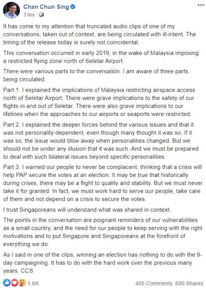 Chan Chun Sing Clarifies Context Behind Viral Recording Claiming Crisis ...