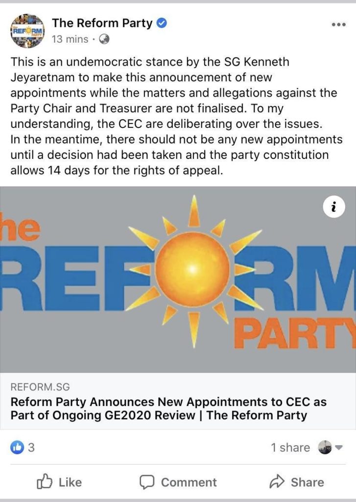 Charles Yeo Declared Reform's Party Chairman, But Andy Zhu Refutes That ...