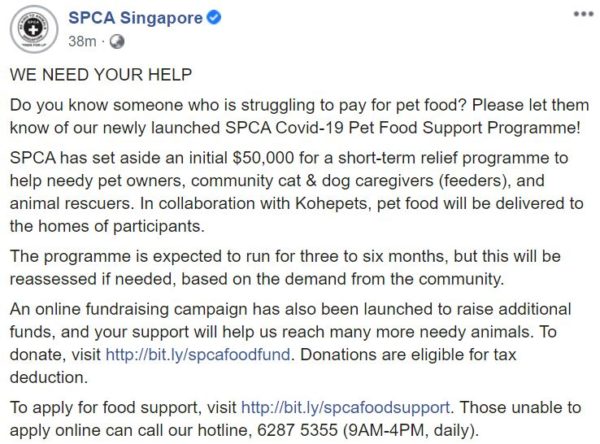 SPCA Offers Free Pet Food Supply, Owners & Caregivers Can Sign Up
