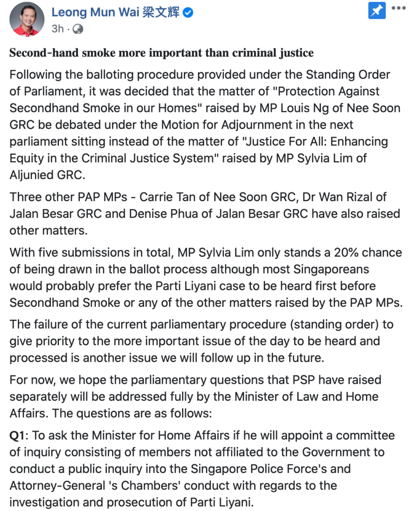 PSP Says Parliament Must Prioritise National Issues Better, Hopes Parti Liyani's Case Can Be ...