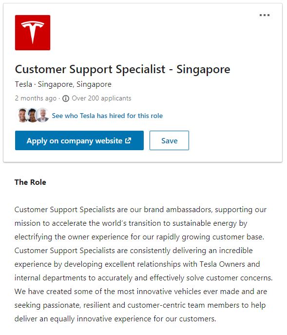 Tesla Looking To Hire In S'pore, May Be Sign That It's Opening Outpost Here