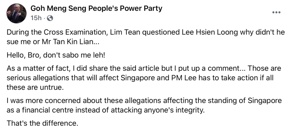 Goh Meng Seng Asks Lim Tean Not To 'Sabo' Him, Says He Didn't Question ...