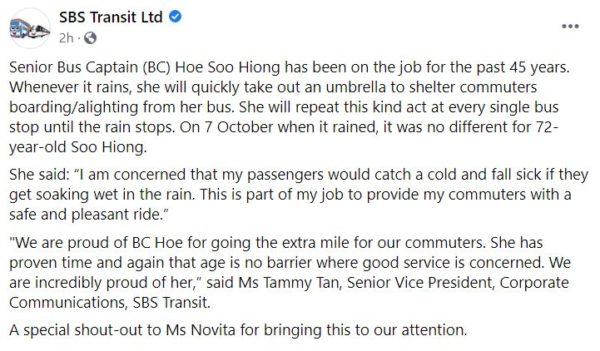 SBS Bus Captain Holds Umbrella At Each Stop When It Rains So Passengers ...