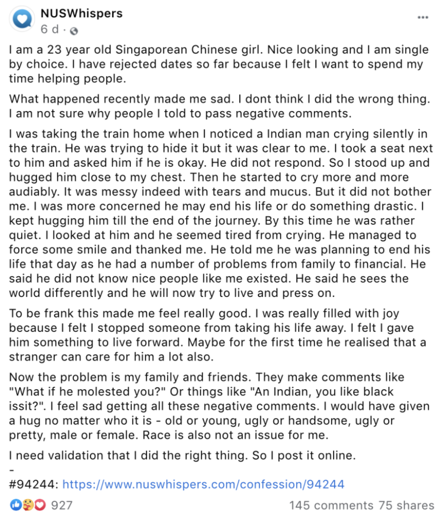Lady Offers Crying Man In MRT A Hug, Allegedly Convinces Him Not To End ...