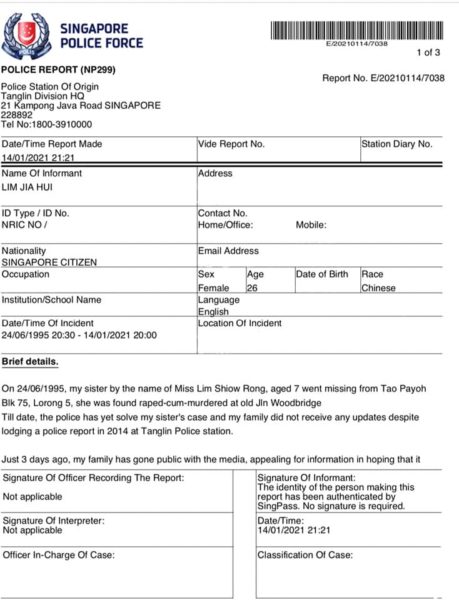 Family Of Lim Shiow Rong Receives Tip-Off On Murder Suspect, CID Is ...