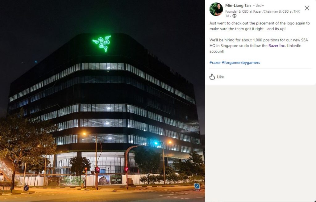 Razer To Hire 1,000 Staff For New One-North HQ, Office Will Be Ready In ...