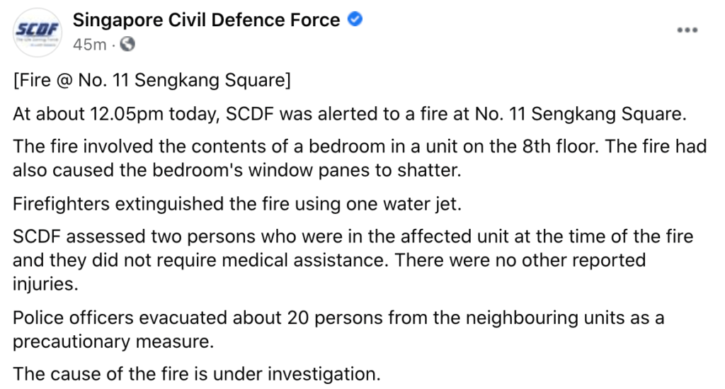 Fire Breaks Out At Sengkang Condo Unit & Shatters Windows, 20 People ...