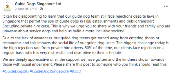 Guide Dogs Apparently Still Rejected From Many S’pore Shops, Charity ...