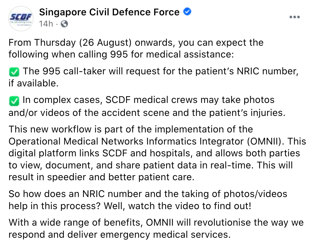 SCDF May Request NRIC Number In 995 Calls & Take Photos For Quicker ...
