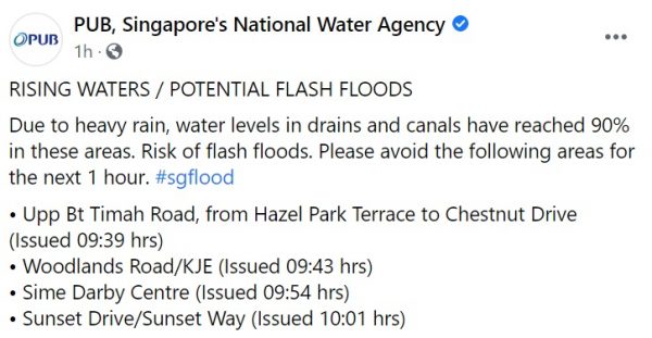 PUB Warns Of Flash Floods In 5 Locations, Public Urged To Avoid These Areas