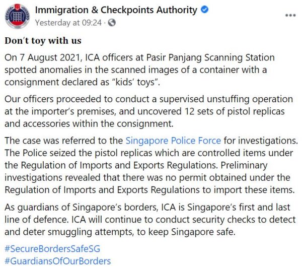 ICA Finds Pistol Replicas Declared As Playthings, Tells Smugglers Not ...