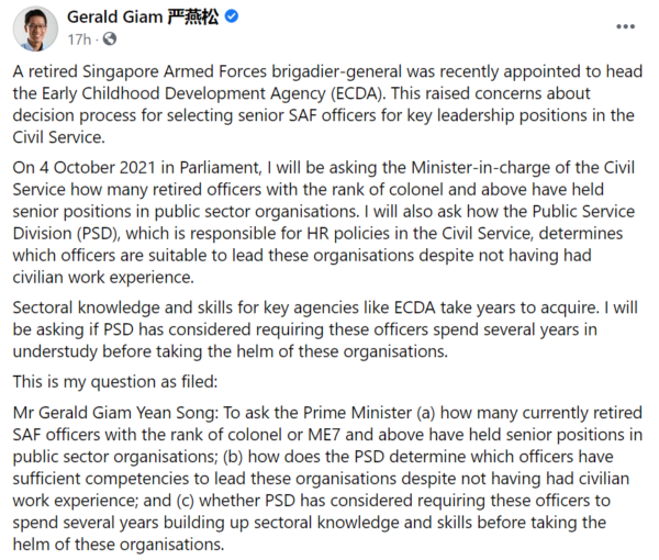 MP Gerald Giam Asks For Number Of Ex-SAF Officers Who've Held Top Civil ...
