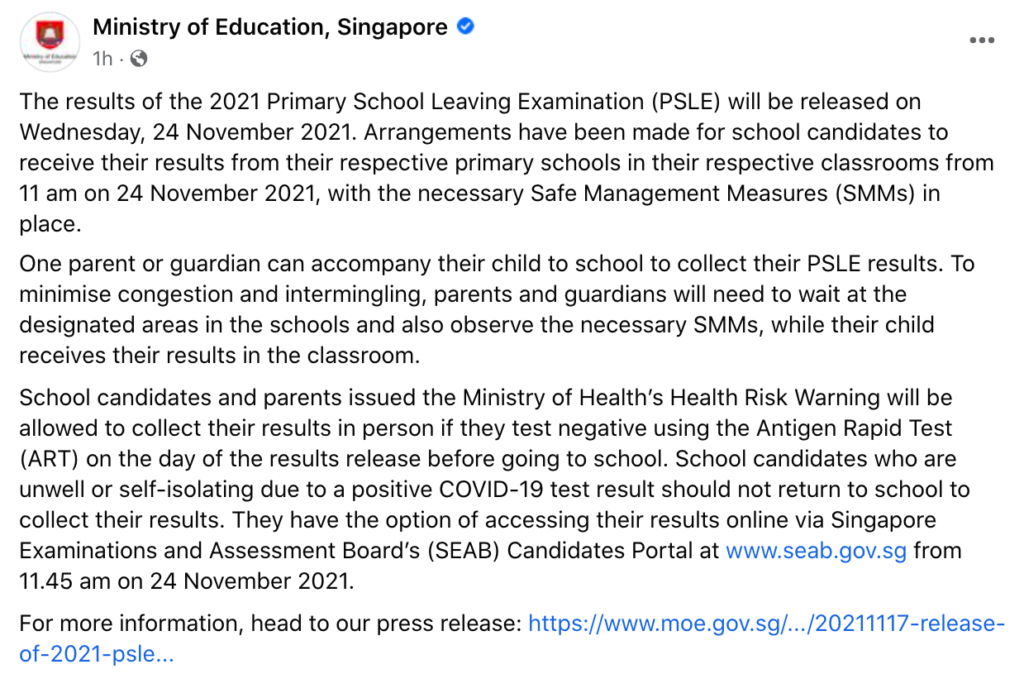 2021 PSLE Results Will Release On 24 Nov, Only 1 Parent Can Accompany ...