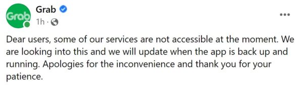 Grab Faces Outage On 16 Nov Morning, Team Is Looking Into Issue