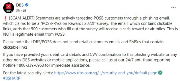 POSB Scam Asks Customers To Take 'Survey' Via Phishing Link, Bank Says ...