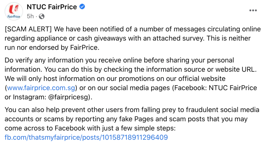 FairPrice Warns Against Fake Giveaways On Facebook, Says They Don't ...