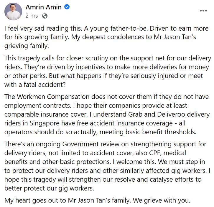 Ex-MP Amrin Amin Mourns Gambas Ave Tragedy, Calls For Better Protection Of Delivery Riders
