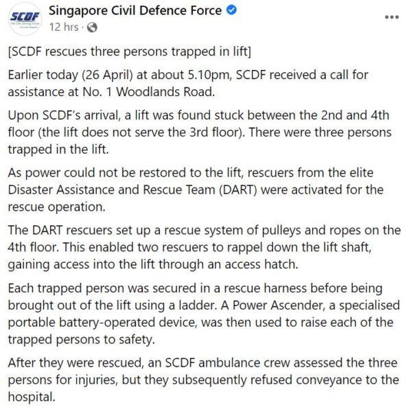 3 People Stuck In Junction 10 Lift, SCDF Rescuers Rappel Down To Save Them