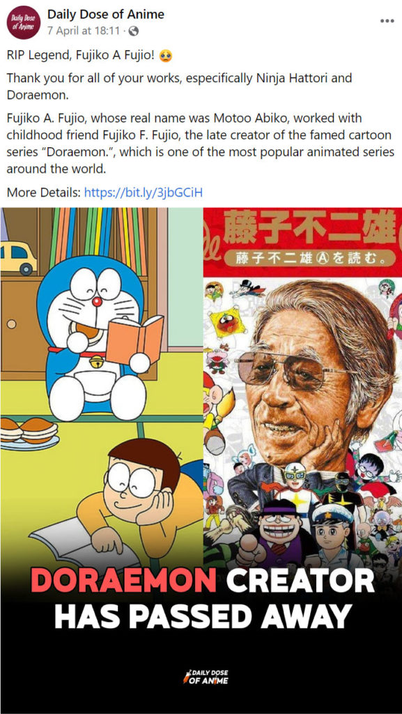 Doraemon Co-Creator Fujiko A Fujio Passes Away, Fans Mourn The ...