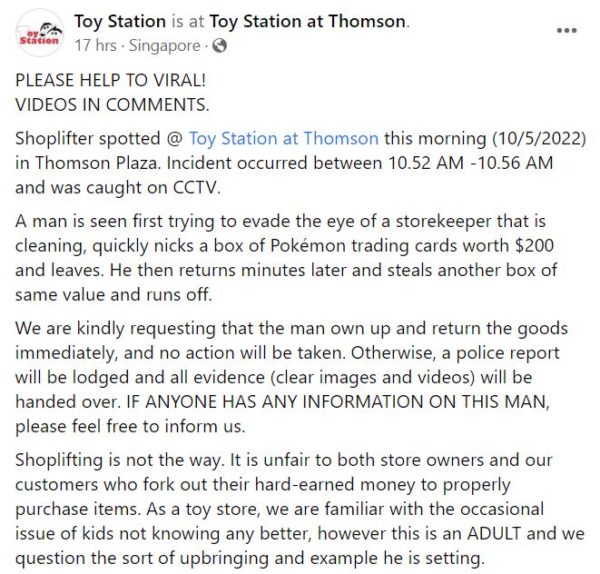 Thomson Plaza Toy Shops Finds Pokémon Cards Stolen, Urges Thief To Own Up