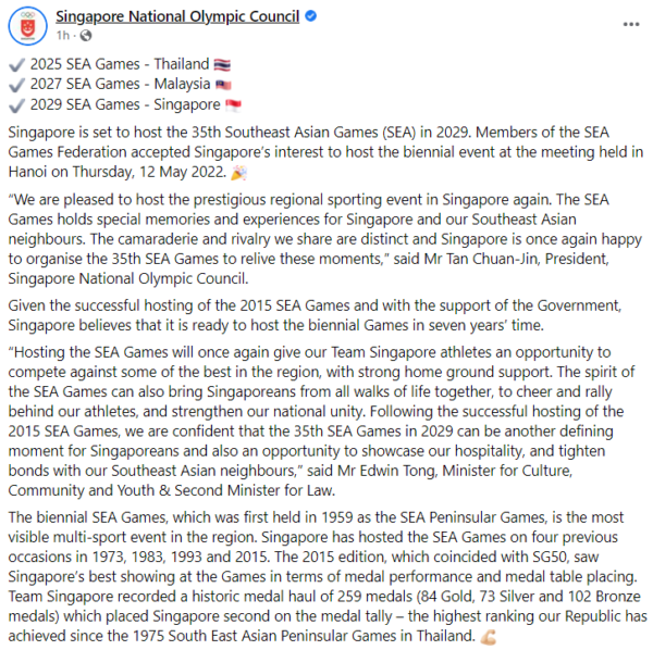 S’pore To Host 2029 SEA Games, Will Be Country's 5th Time Doing So