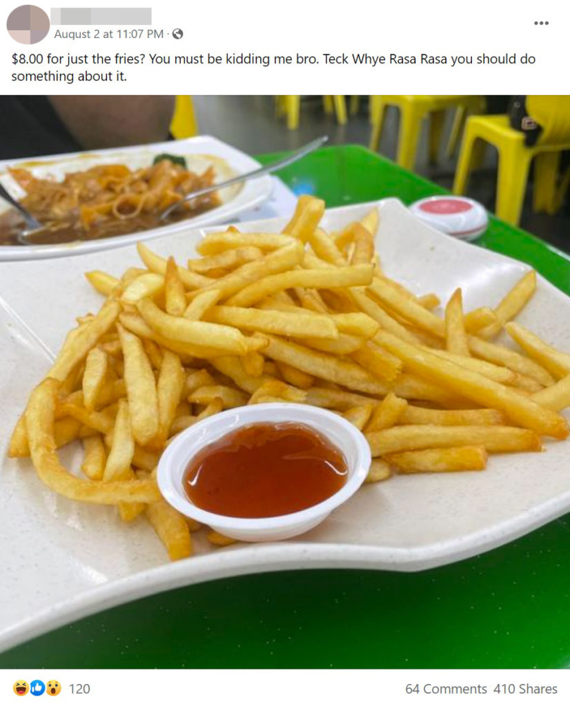 Customer Pays S$8 For Fries At Teck Whye Eatery, Owner Cites Rising Costs