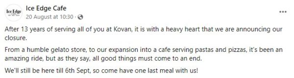 Ice Edge Cafe In Kovan Closing After 13 Years, No Reason Given For Shutdown