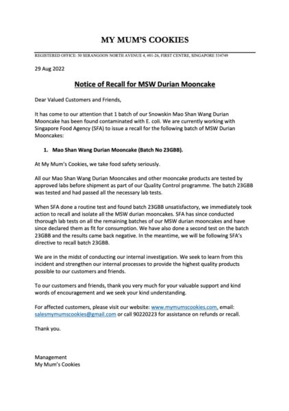 My Mum's Cookies MSW Mooncakes Contain High E Coli Levels, SFA Recalls ...
