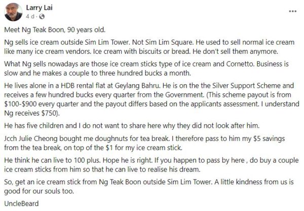 90-Year-Old Sim Lim Ice Cream Uncle Earns Only S$300/Month, Public ...