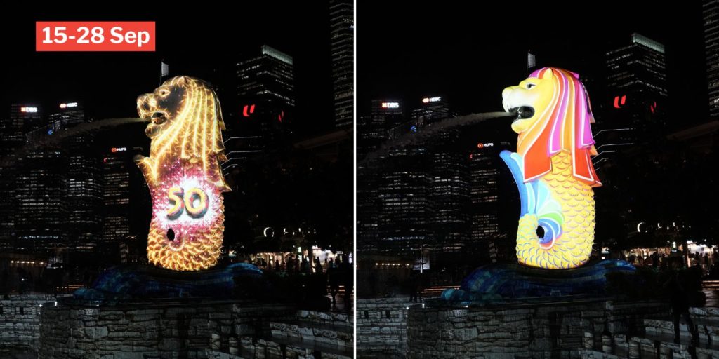 Merlion Outside Fullerton Hotel Lights Up Every Night As Part Of 50th ...