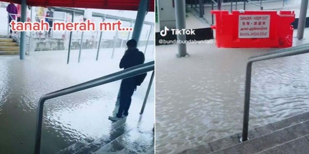 Flooding At Tanah Merah MRT Entrance Due To Water From Worksite, Cleared In 2 Hours