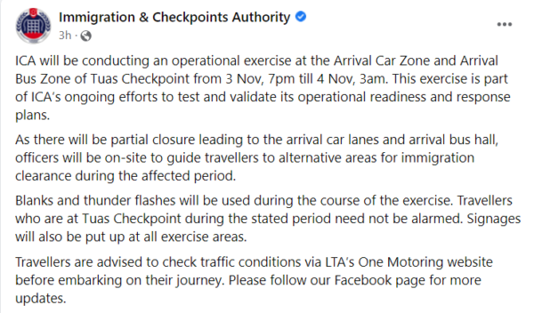 Partial Closure At Tuas Checkpoint On 3 & 4 Nov As ICA Conducts ...