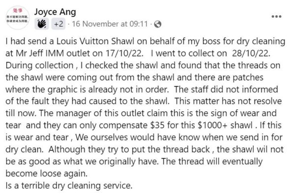 Woman's S$1,000+ LV Shawl Damaged After Dry Cleaning, IMM Outlet Offers ...
