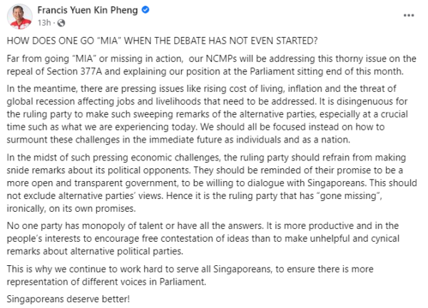 PSP Will Debate On 377A End-Nov, Asks PAP Not To Make 'Snide Remarks ...