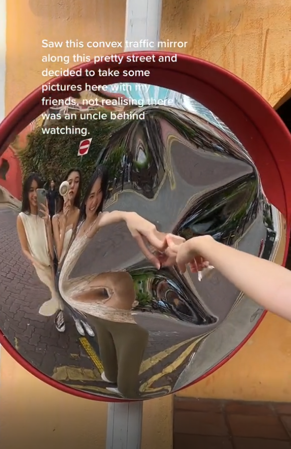 Uncle In Wheelchair Smiles For Selfie At Orchard Convex Mirror After Seeing Youths Do It