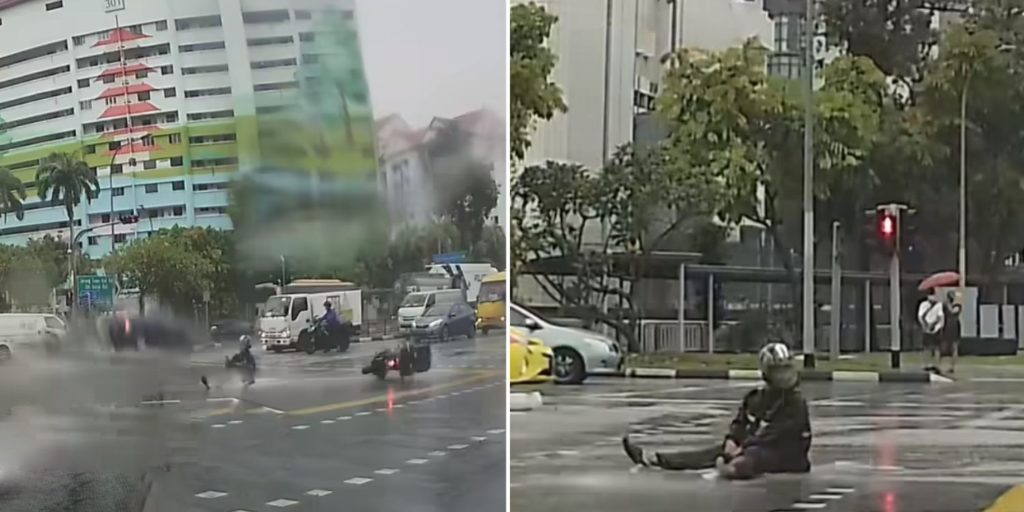 Rider Slides On Wet Jurong Road Like It’s An Amusement Park Ride After ...