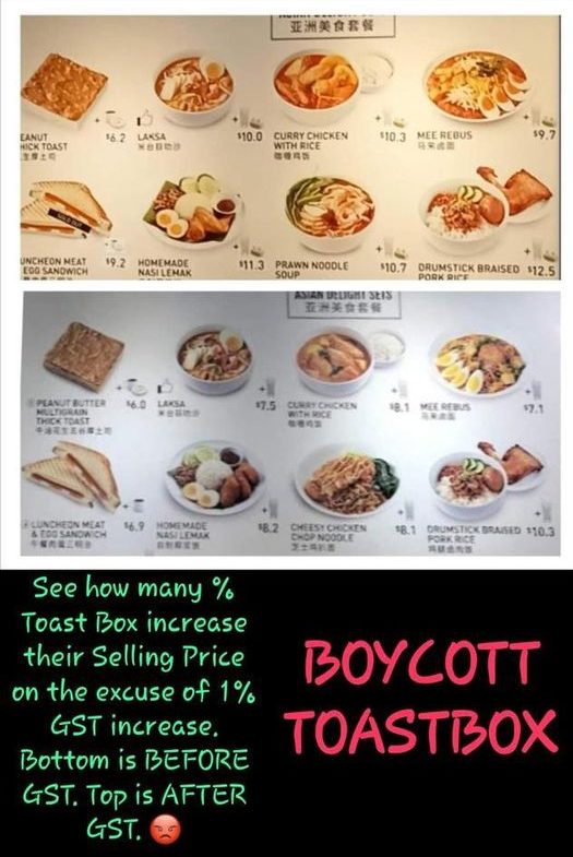 Viral Photo Claims Toast Box Prices Rose Drastically After GST Hike ...