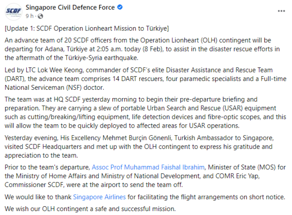 20 SCDF Officers Depart For Turkey To Assist In Rescue Efforts After ...