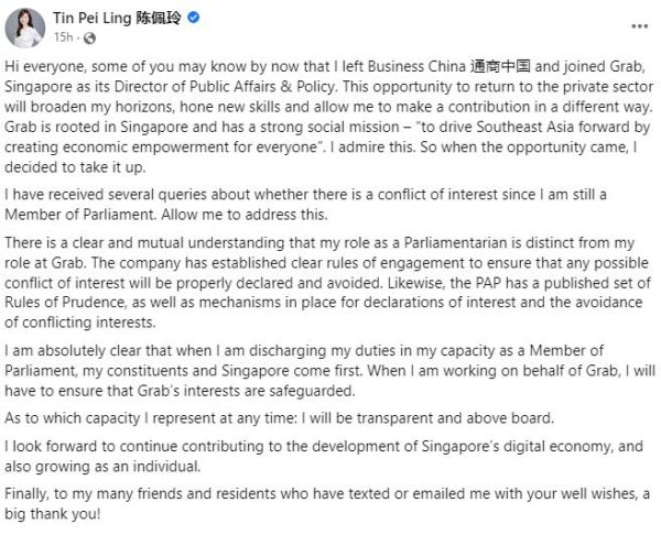 Tin Pei Ling Says Grab Role Is Separate From MP Duties, Promises To Be ...
