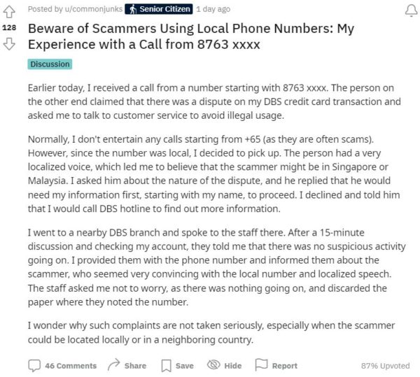 DBS Customer Receives Scam Call Without +65 Prefix About 'Transaction ...