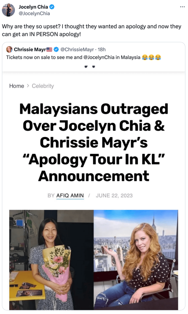 Jocelyn Chia Allegedly Holding ‘Apology Tour’ In M’sia, Announcement Might Just Be A Prank