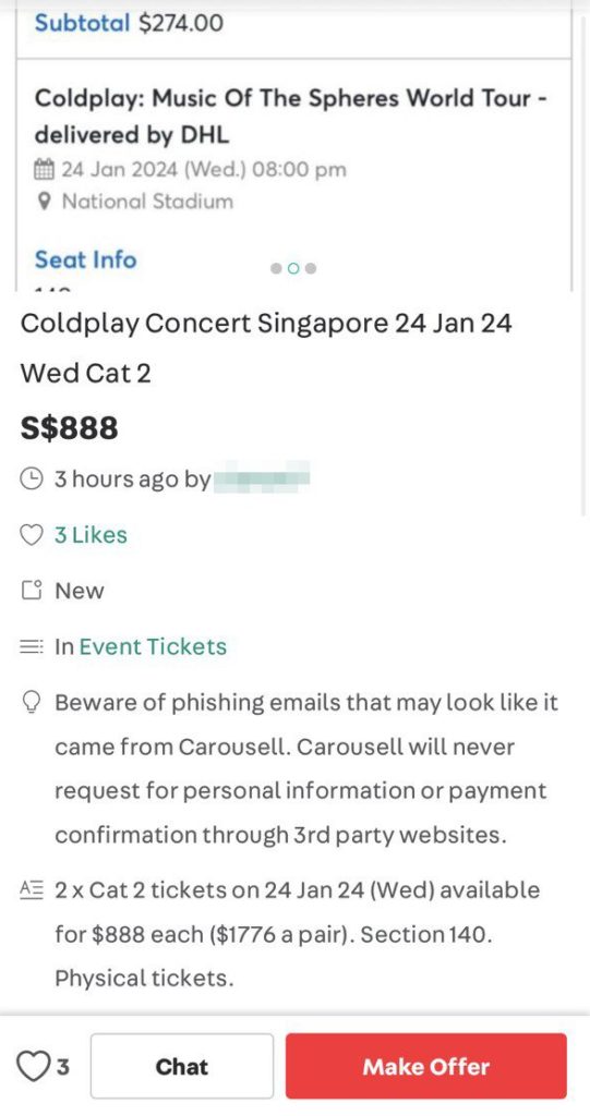 Coldplay Concert Presale Tickets Resold For Up To S$1,000 On Carousell